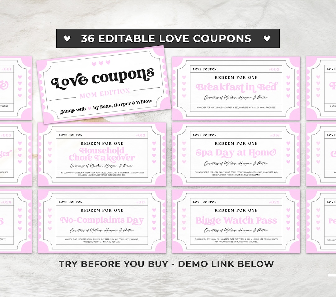 Printable Love Coupons for Mom, Mother's Day Gift, Birthday Gift for ...