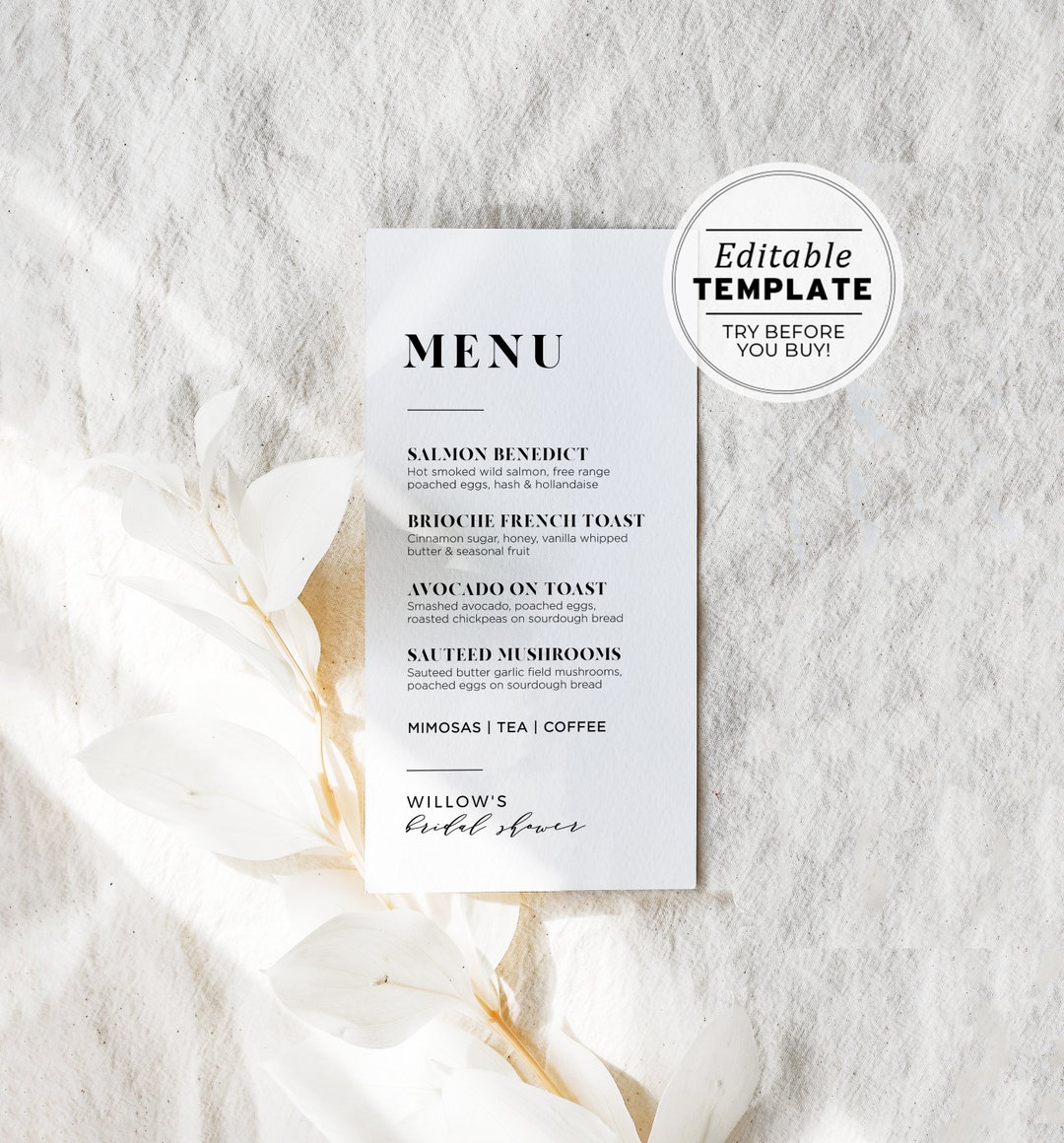 Mr White Wedding Menu Template, Minimalist Wedding Menu, Modern Wedding ...