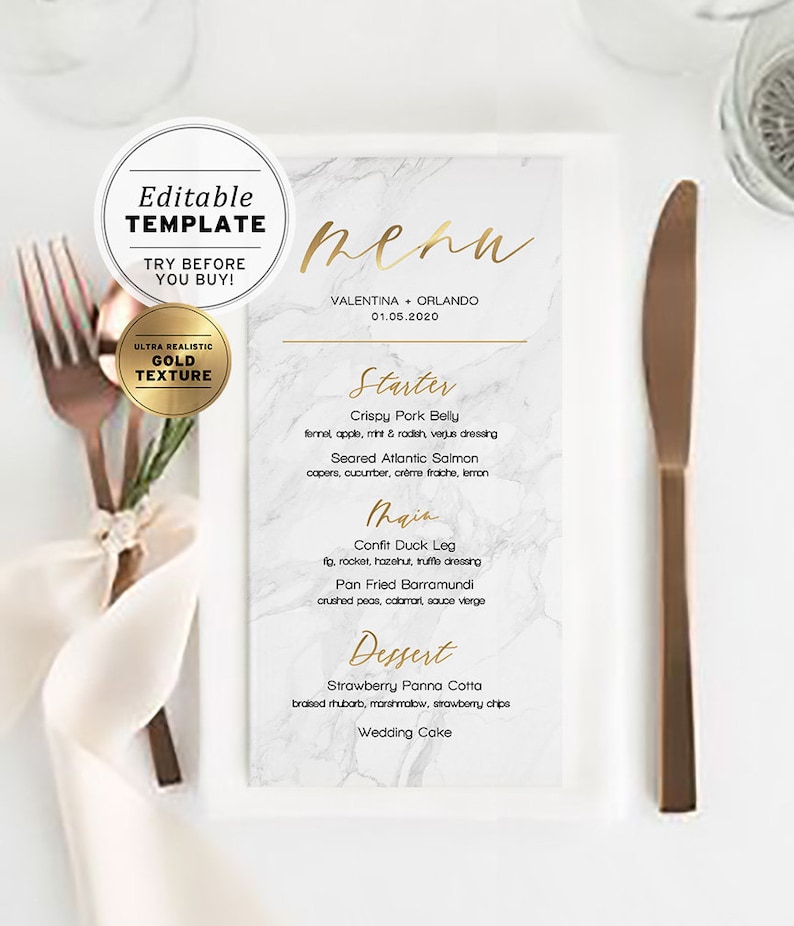Classic Modern Marble & Gold Wedding Dinner Menu EDITABLE - Etsy