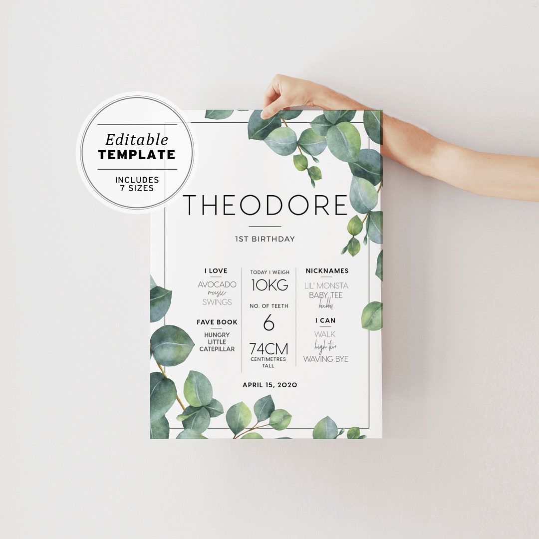 Eucalyptus Leafy First Birthday Milestone Poster Printable Editable ...