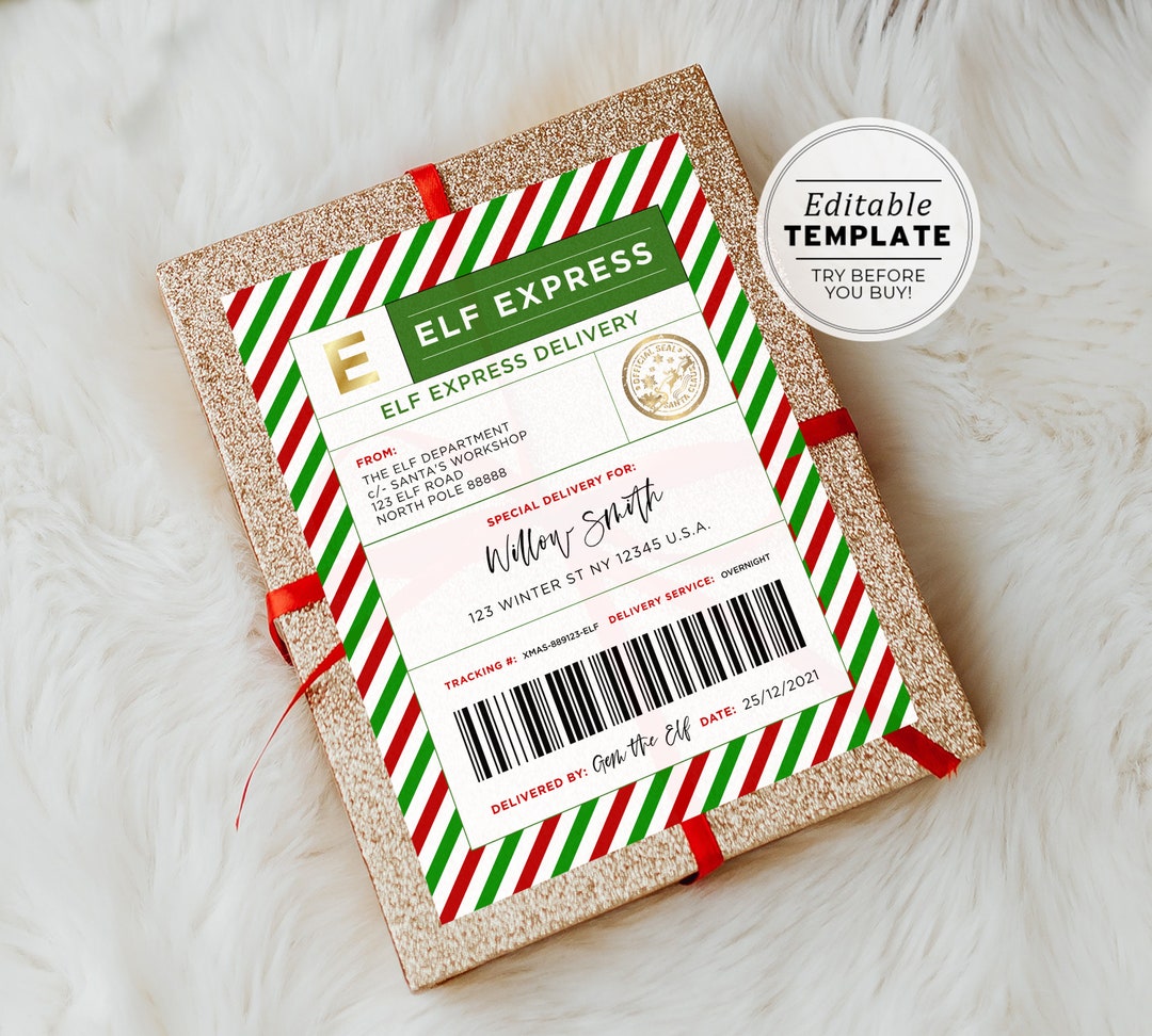 Elf Mail North Pole Shipping Label, Editable Elf Express Parcel Labels ...