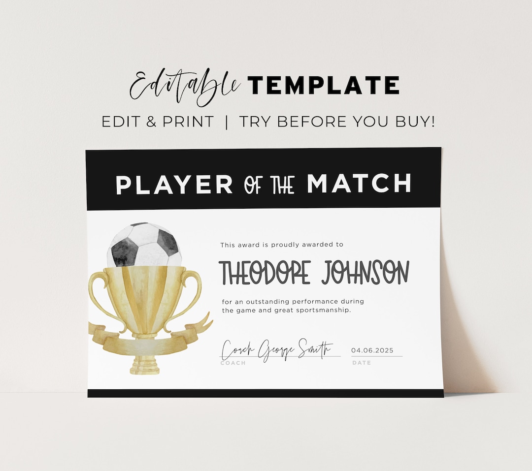 Minimalist Football Player of the Match Certificate, Football Player of ...