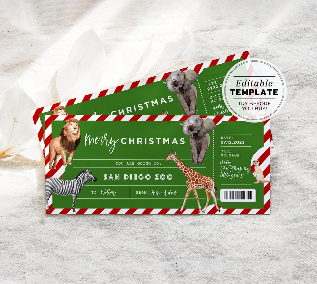 Printable Zoo Ticket Christmas Gift Voucher, Zoo Ticket Gift ...