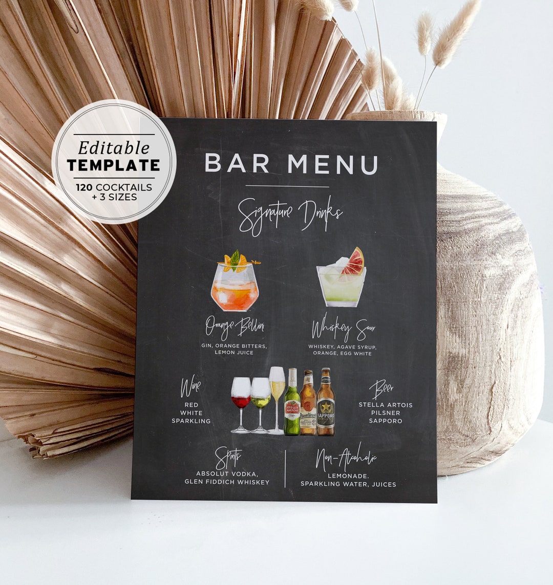Bar Menu Template, Chalkboard Editable Drink Menu, Minimalist Printable ...