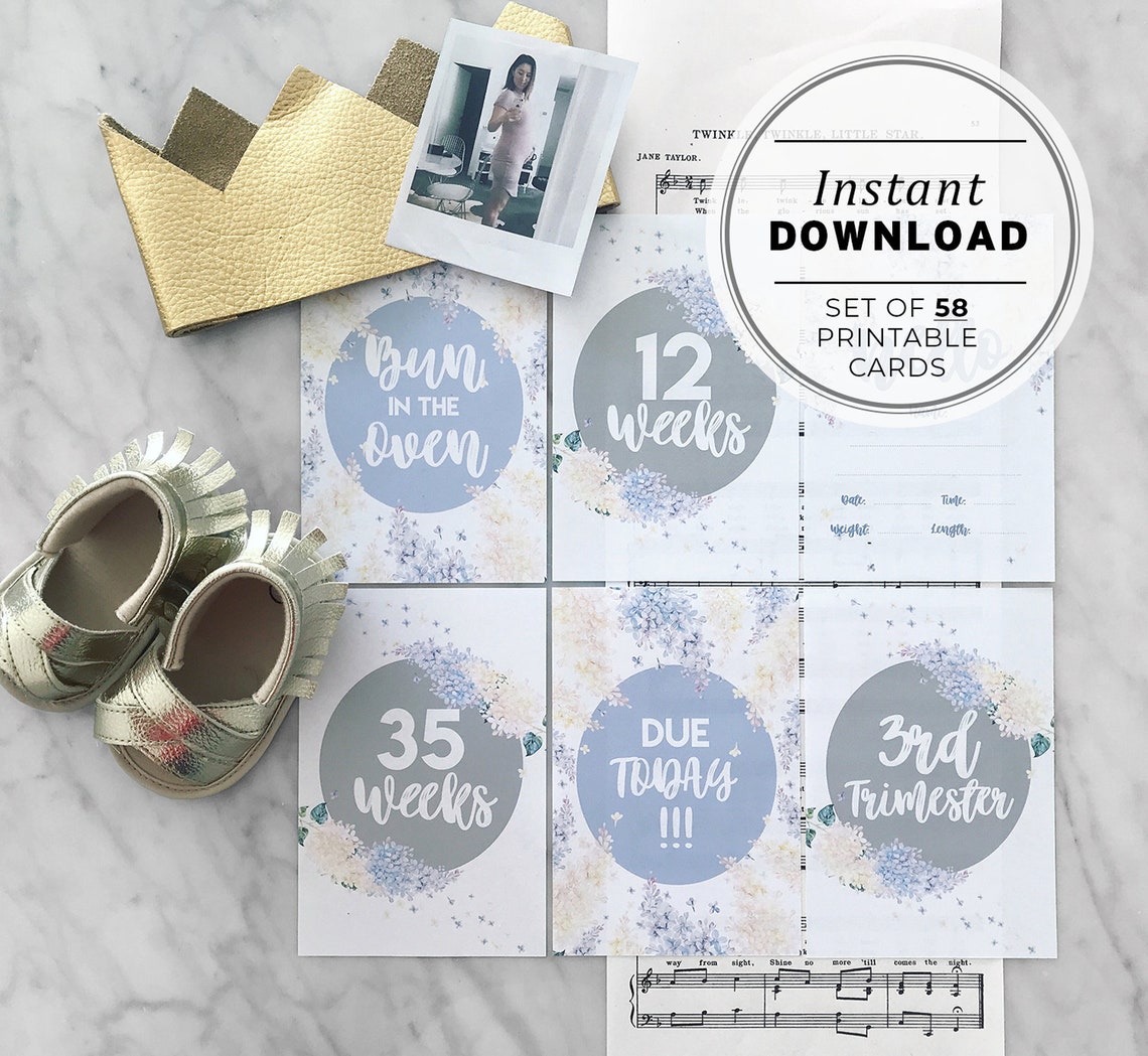 Watercolour Floral Pregnancy Milestone Cards, Set of 58, Printable ...
