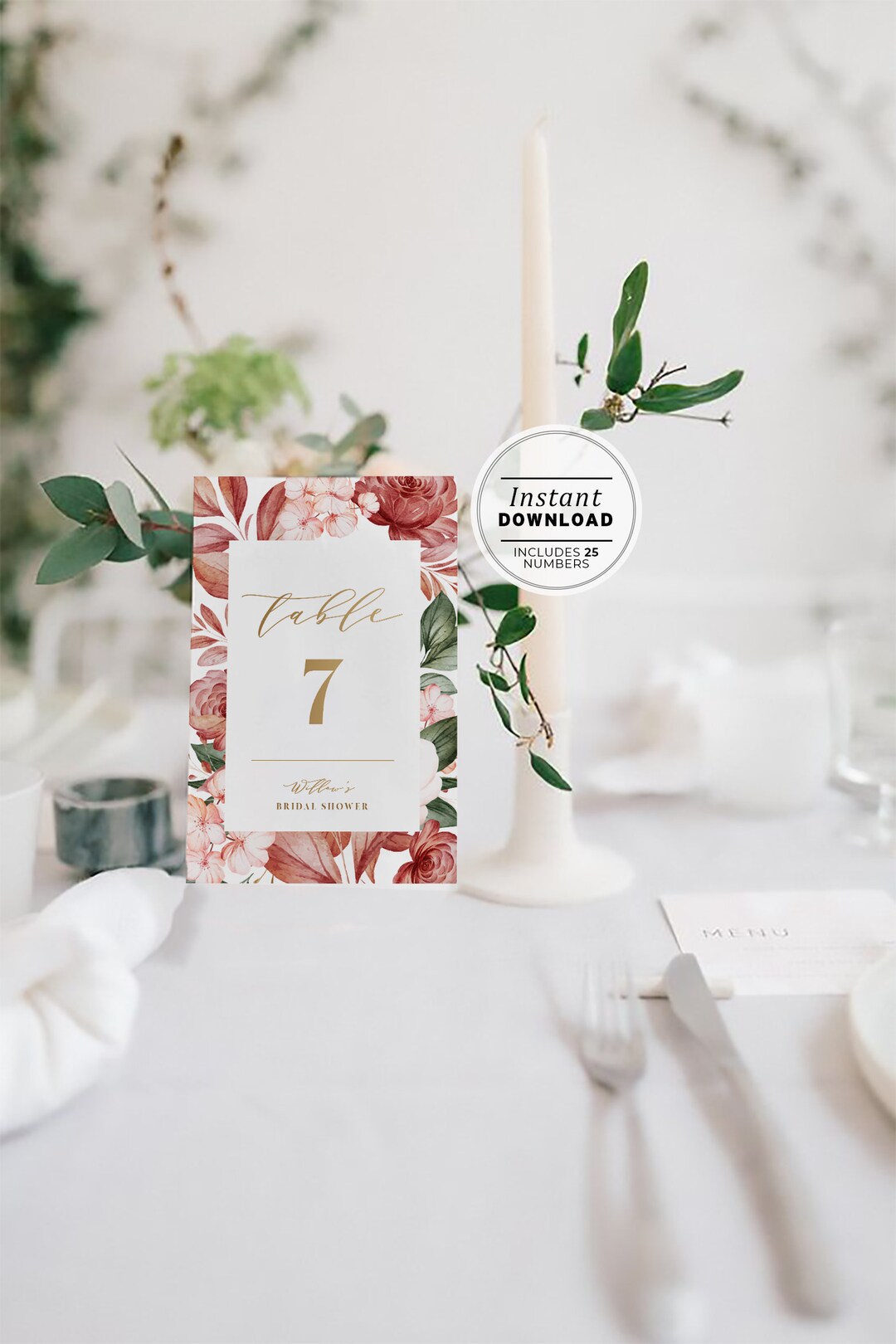 Rose & Gold Watercolor Table Number Sign - Set of 25, EDITABLE TEMPLATE ...