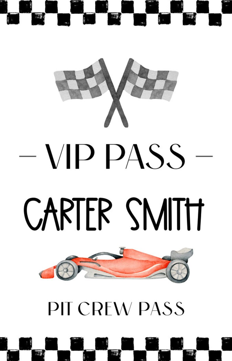 Red Race Car VIP Crew Pit Badge, Crew Pit Pass, Party Name Tags, Racing ...