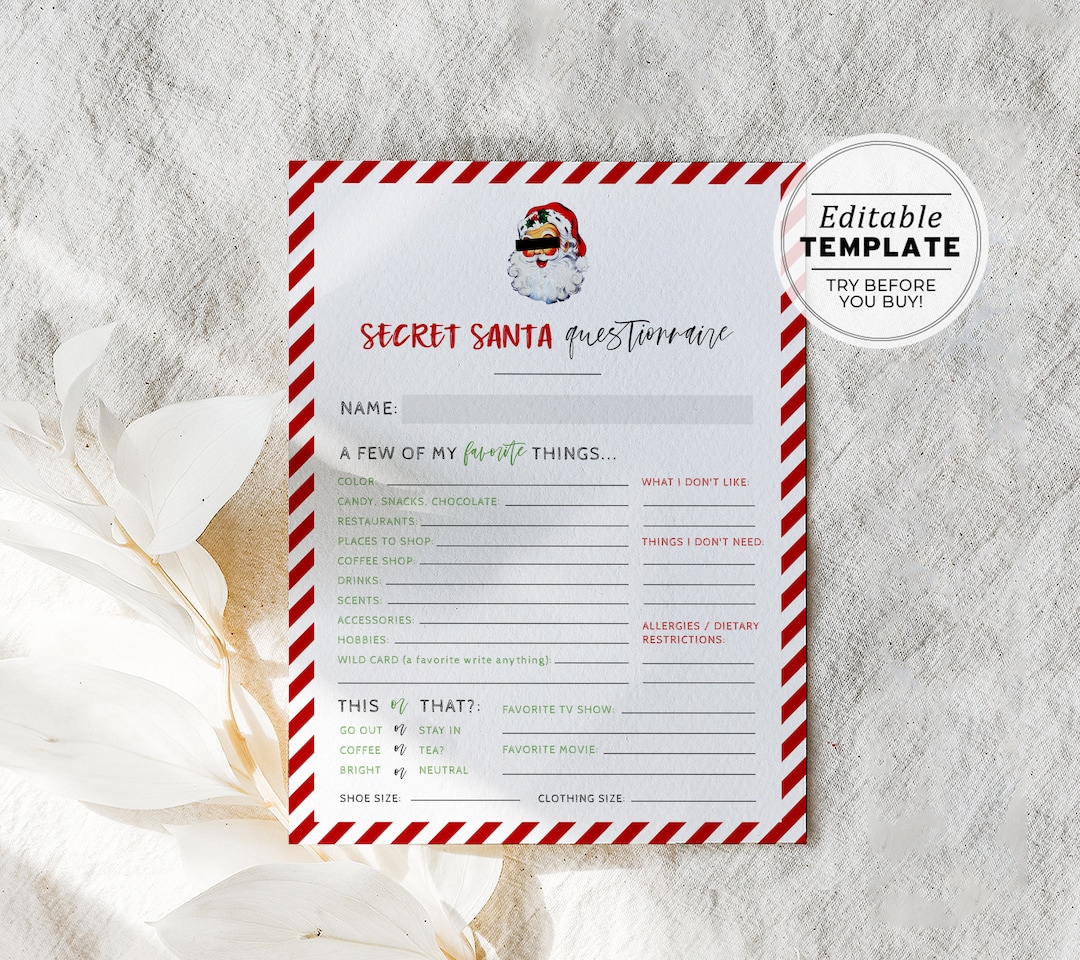 Christmas Secret Santa Questionnaire Invitation, Gift Exchange Form ...
