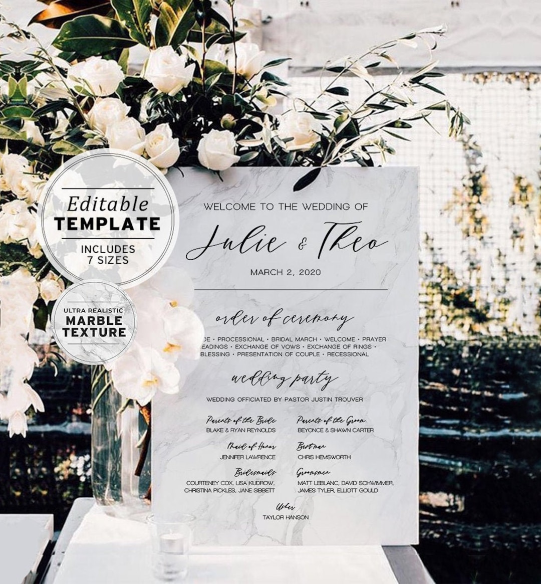 Classic Marble Wedding Order of Ceremony Sign | EDITABLE TEMPLATE ...