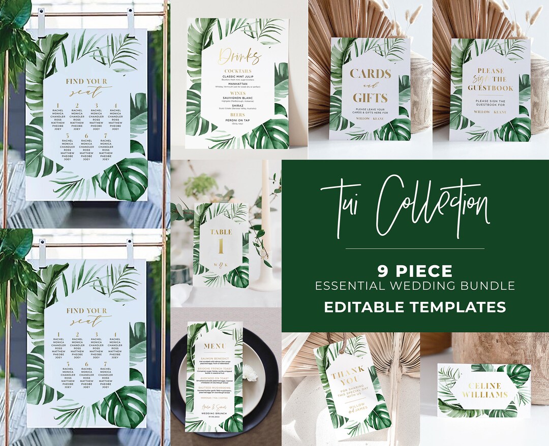 Tui Tropical Leaf & Gold Wedding Bundle Template, 9 Piece Set, Modern ...