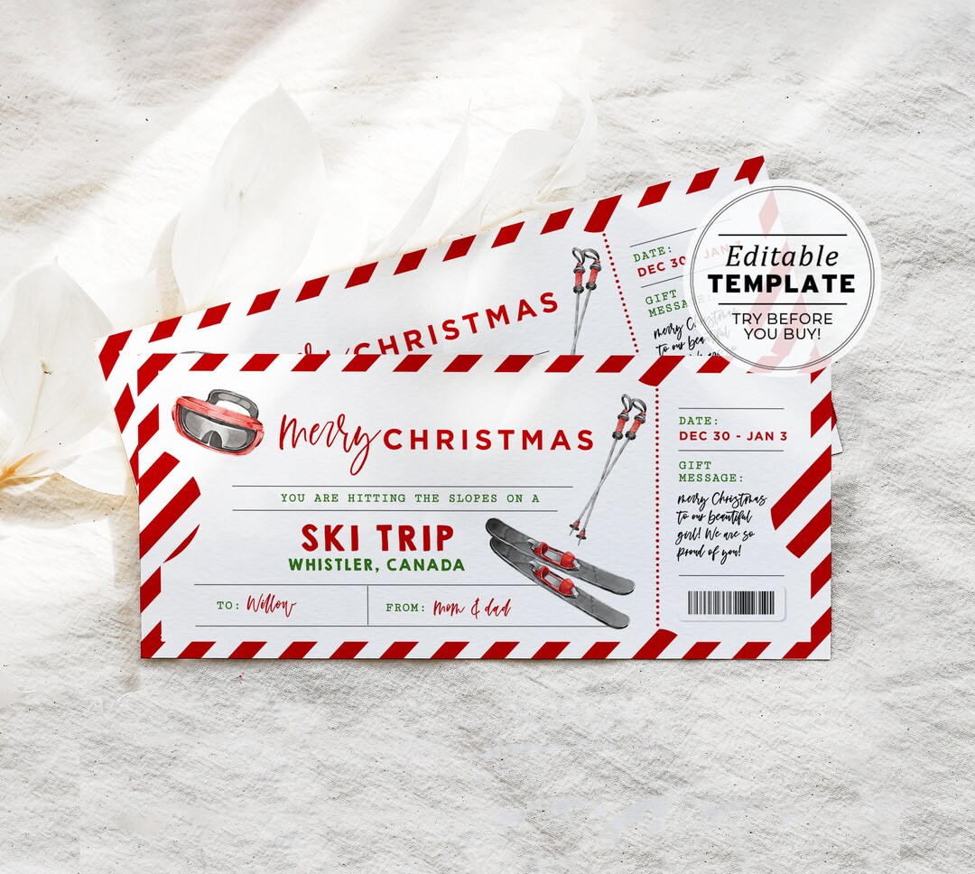 Printable Ski Pass Christmas Gift, Ski Trip Gift Voucher, Santa Gift ...