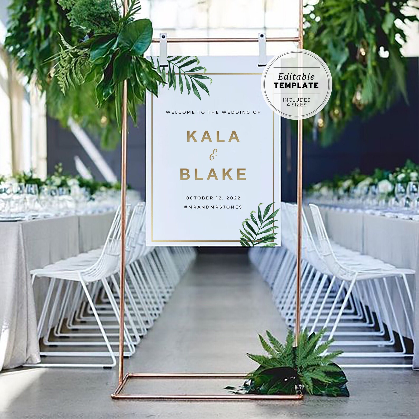 Kala Tropical Palm Leaf & Gold Wedding Welcome Sign Template Printable ...