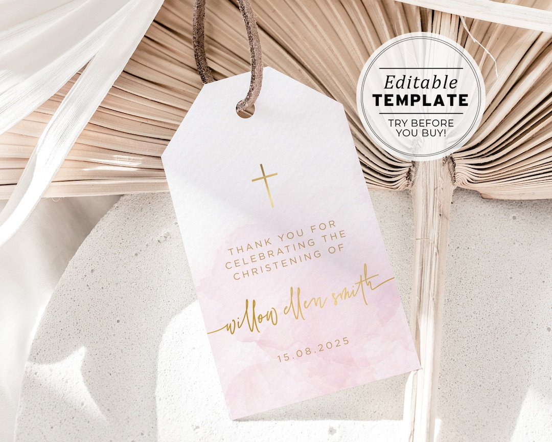 Primrose Gold Baptism, Christening Thank You Tag, Gift Tag | EDITABLE ...