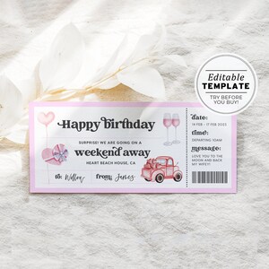 Printable Weekend Away Birthday Gift Voucher Template, Surprise Weekend ...