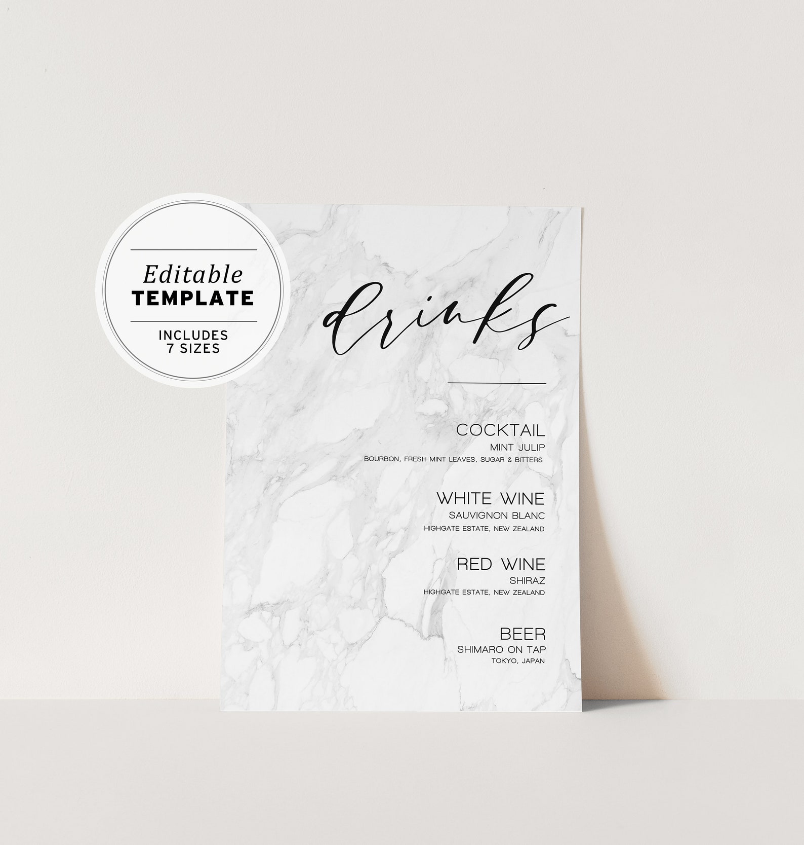 Marble Look Wedding Drink Menu Bar Menu Printable Editable | Etsy