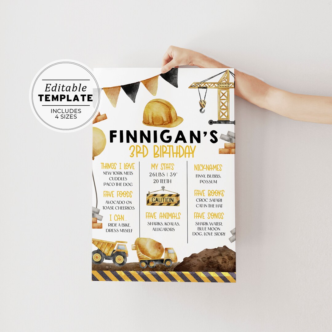 Construction Birthday Milestone Poster, Builder Birthday Party, Digger ...