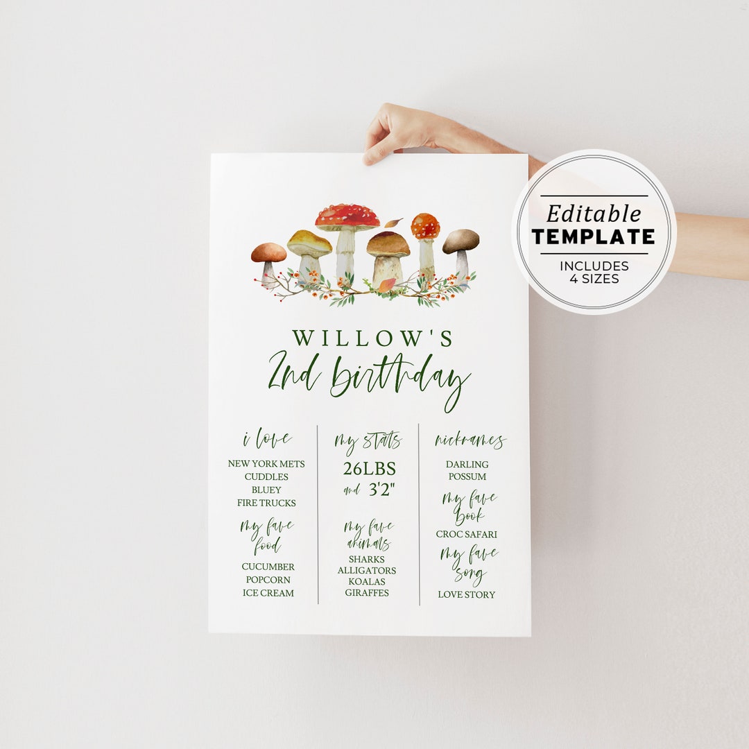 Wild Mushroom First Birthday Milestone Board Template, Minimalist ...