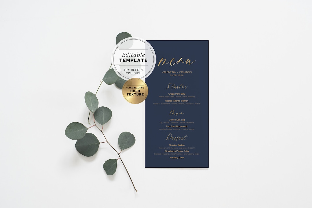 Classic Navy & Gold Wedding Menu | EDITABLE TEMPLATE, Printable #012 - Etsy