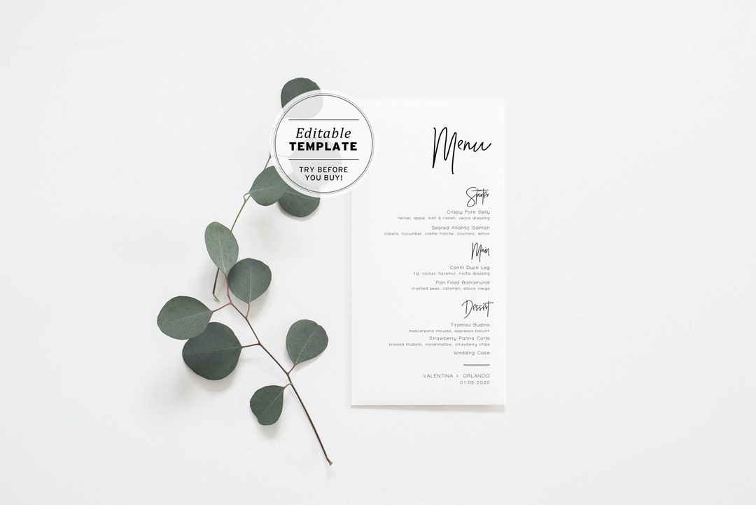 Juliette Wedding Menu Template, Minimalist Wedding Menu, Modern Wedding ...