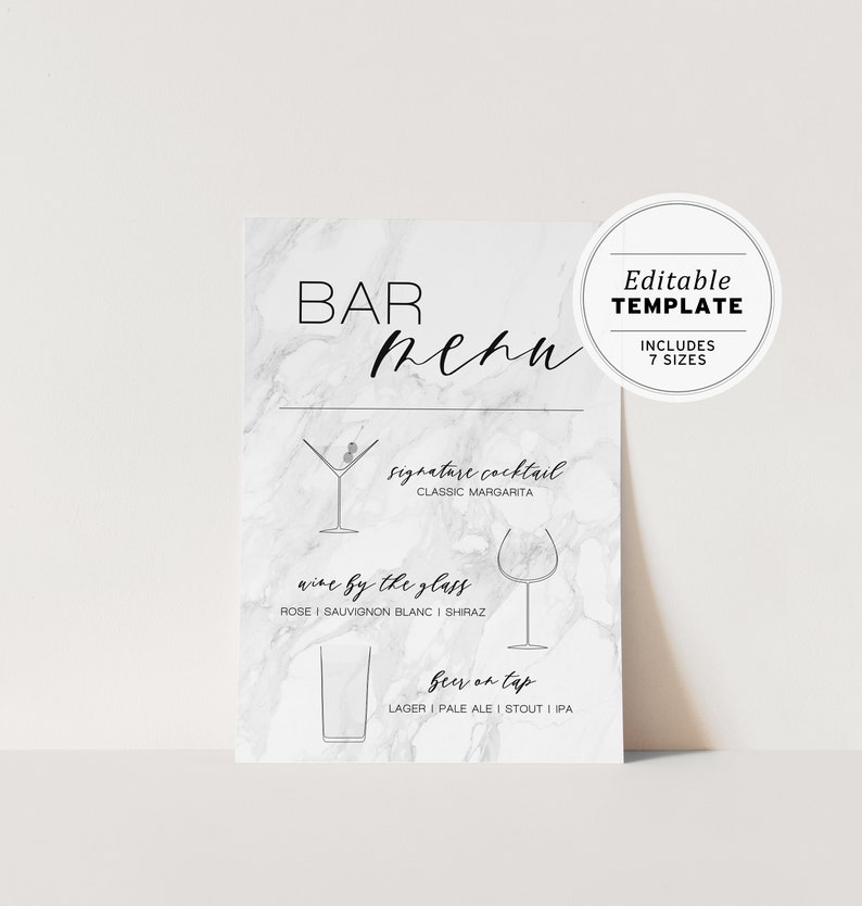 Marble Look His & Hers Wedding Drink Menu, Bar Menu Printable Editable ...