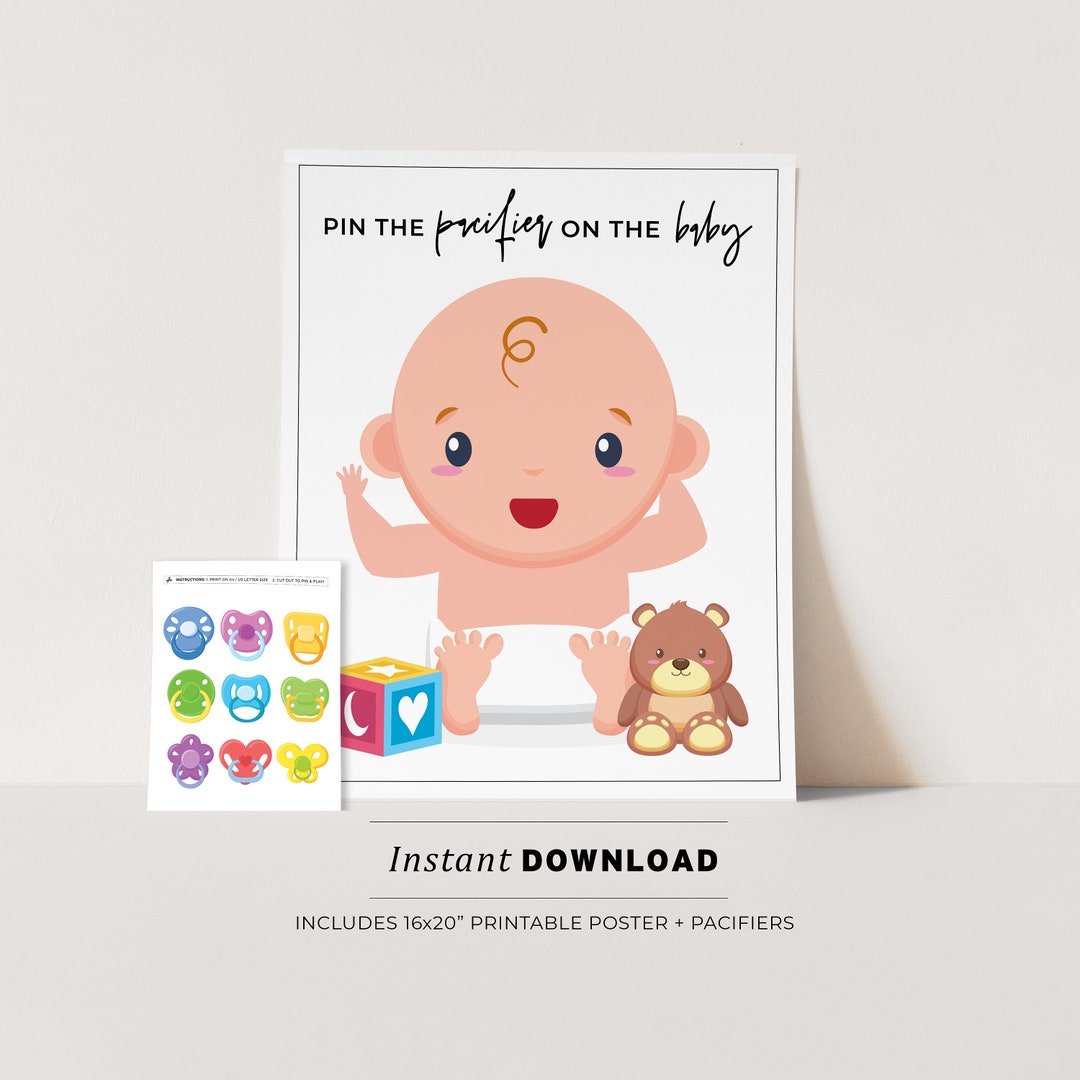 Baby Shower Games, Pin the Pacifier on the Baby, Printable Poster Party Game, Baby Shower ...