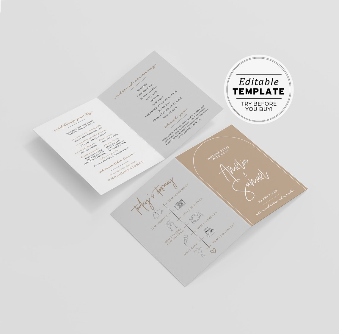 Nue Minimalist Wedding Program Template, Modern Order of Service, Wedding Timeline, Printable ...