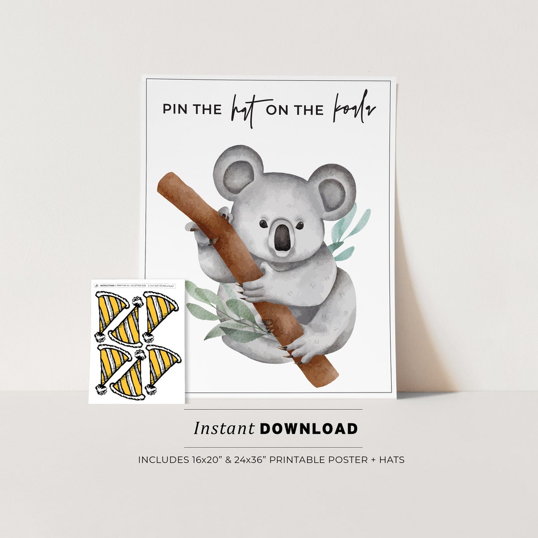 Pin the Hat on the Koala Kids Party Game Printable Poster, Birthday ...