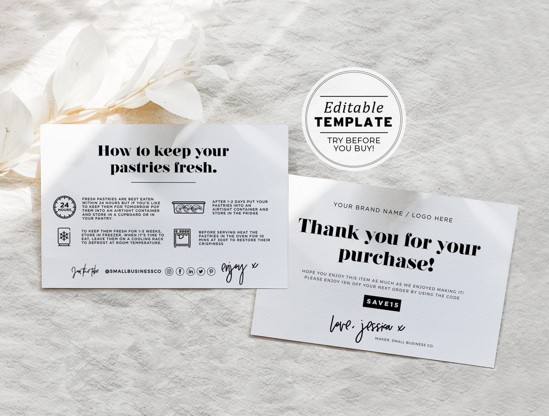 Pastries Care Card and Thank You Card, Thank You Package Insert ...
