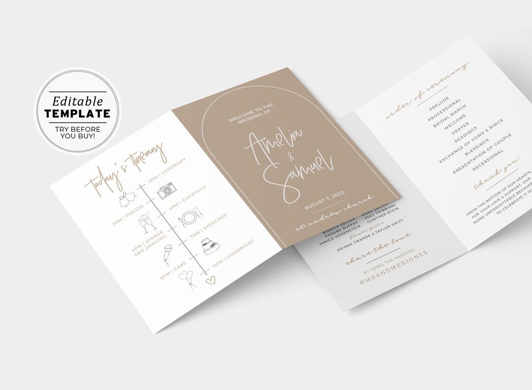 Nue Minimalist Wedding Program Template, Modern Order of Service, Wedding Timeline, Printable ...