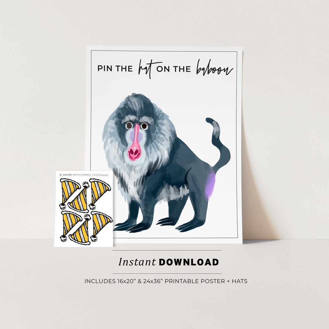 Pin the Hat on the Baboon Kids Party Game Printable Poster, Birthday ...