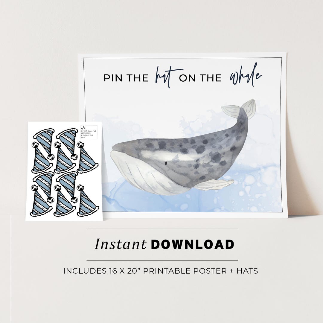 Kids Party Game, Pin the Hat on the Whale Printable Poster, Birthday ...