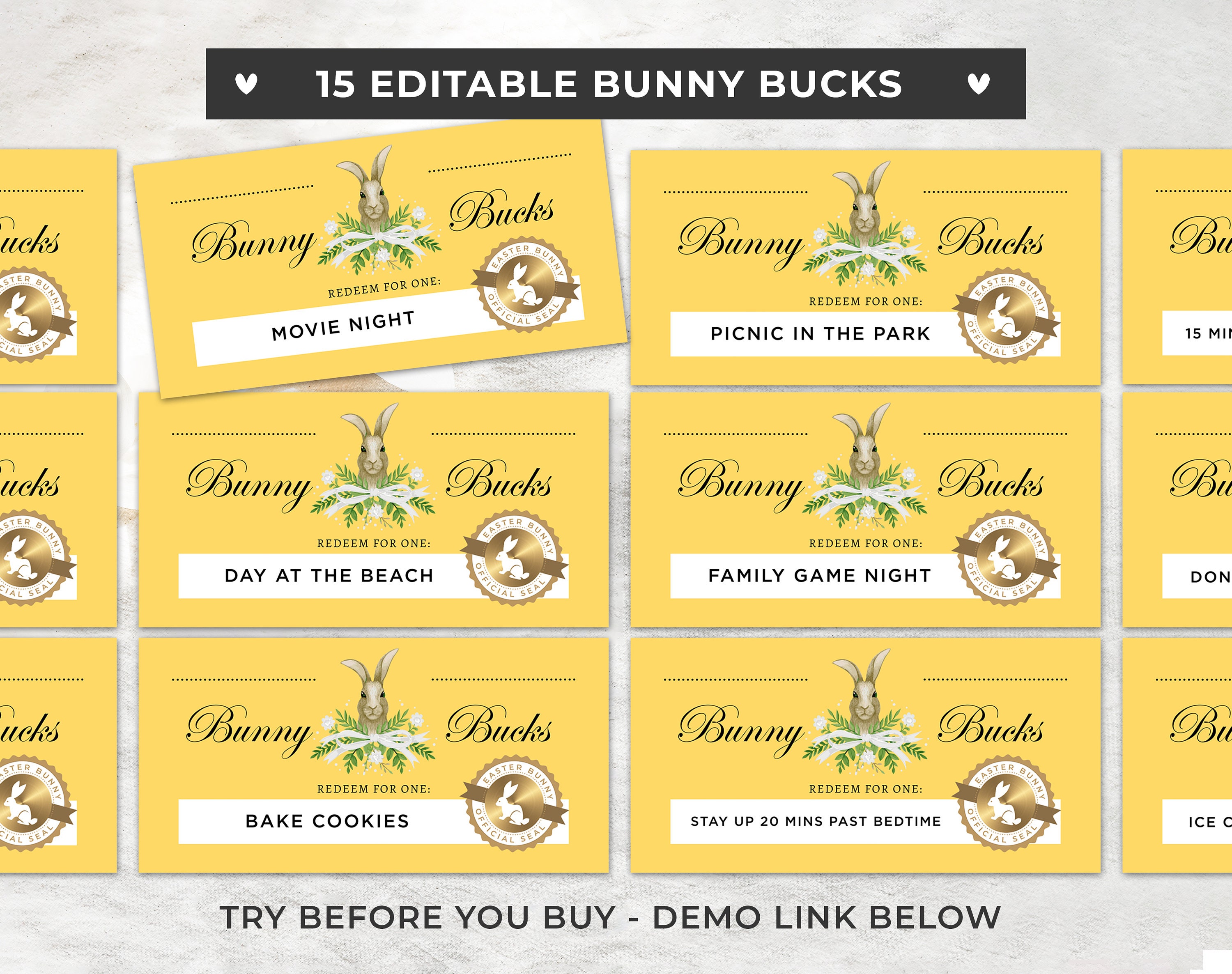 Printable Yellow Easter Bunny Bucks Coupons, Kids Easter Vouchers ...