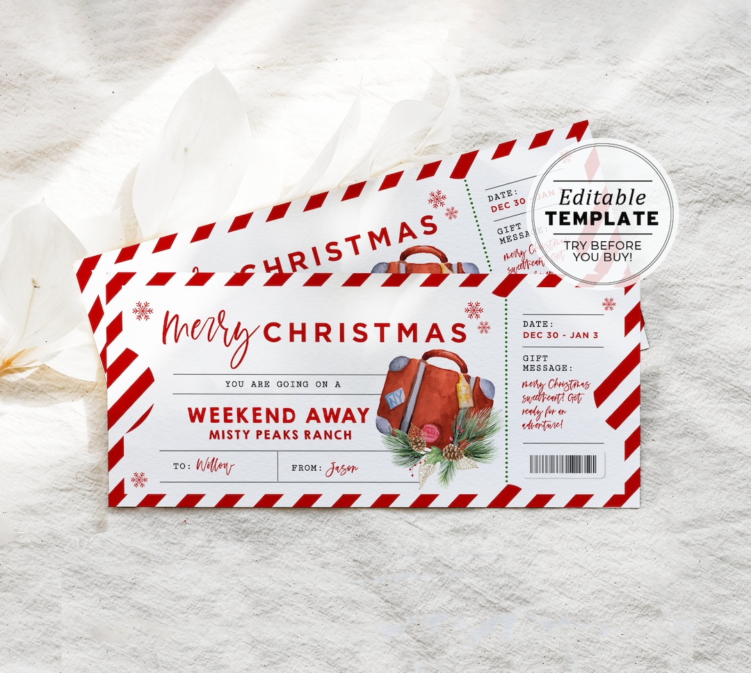 Printable Weekend Away Christmas Gift Voucher Template, Surprise ...