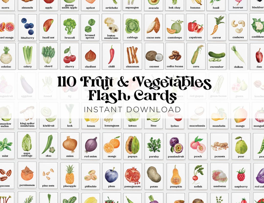 110 Fruit, Vegetables, Nuts and Herbs Flash Cards, Montessori Flash ...