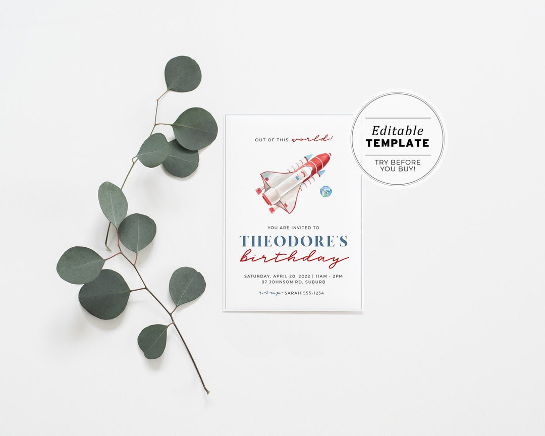 Out of This World Space Rocket Theme Kids Birthday Party Invitation ...