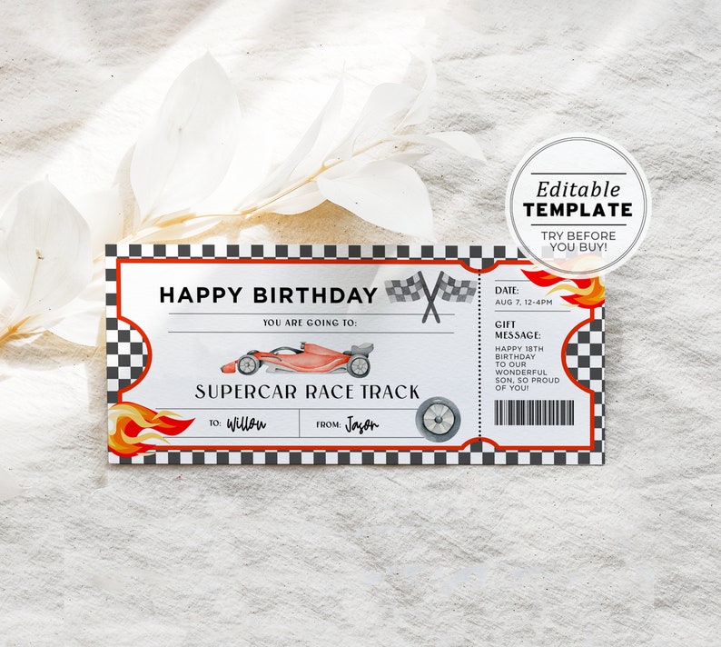 Printable Race Car Ticket Birthday Gift Template, Surprise Gift ...