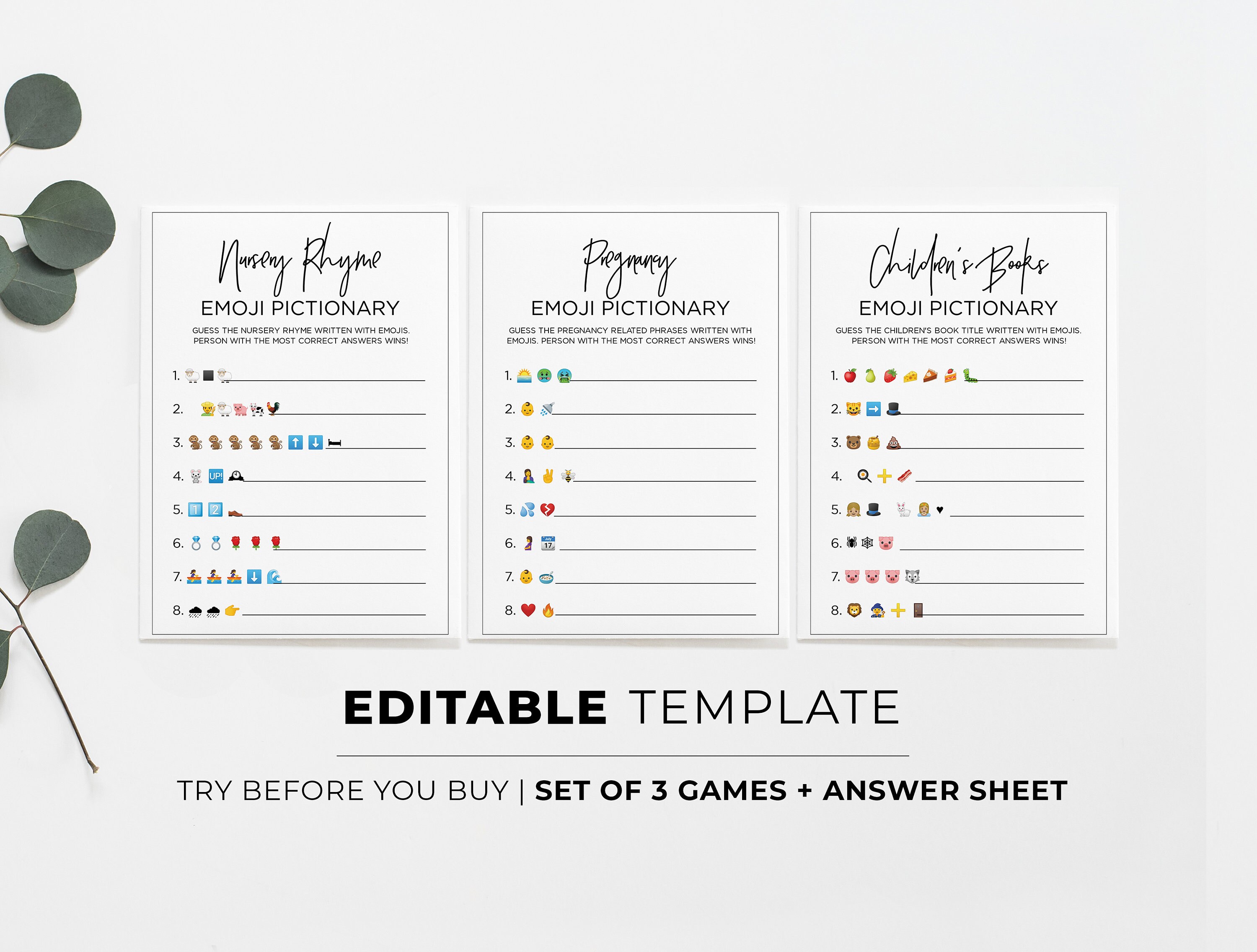 3 Emoji Pictionary Baby Shower Games Printable, Baby Shower Game Bundle ...