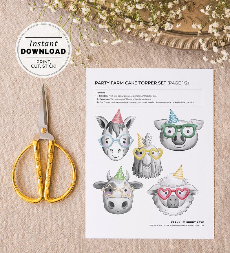 Printable Party Farm Animals Cake Topper, Watercolor Farmer ...