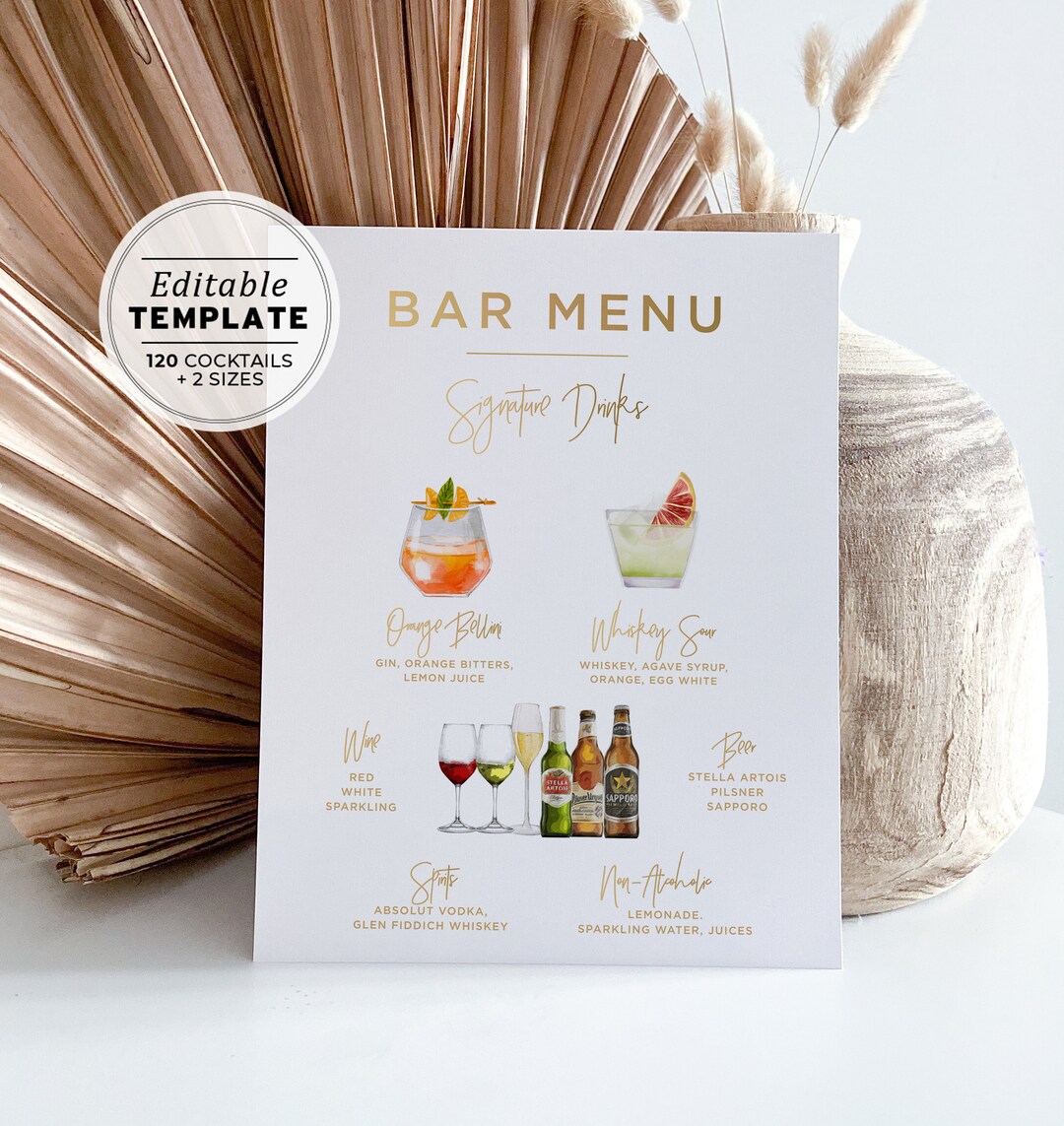 Juliette Gold Bar Menu Template, Watercolor Editable Drink Menu ...