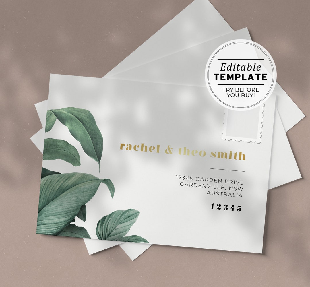 Mikala Tropical Leaf & Gold Handwritten Style A7 Envelope Template ...