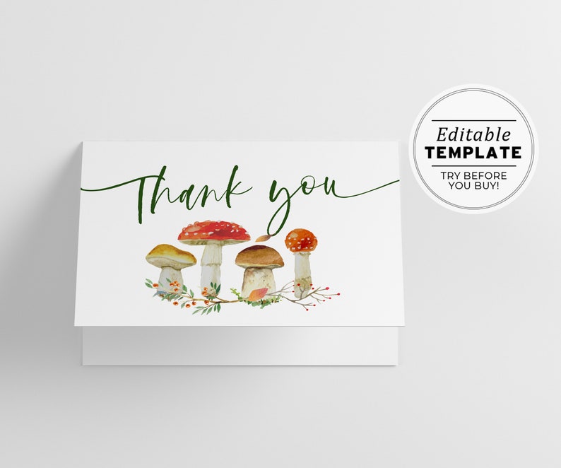 Minimalist Wild Mushroom Thank You Card Printable EDITABLE - Etsy