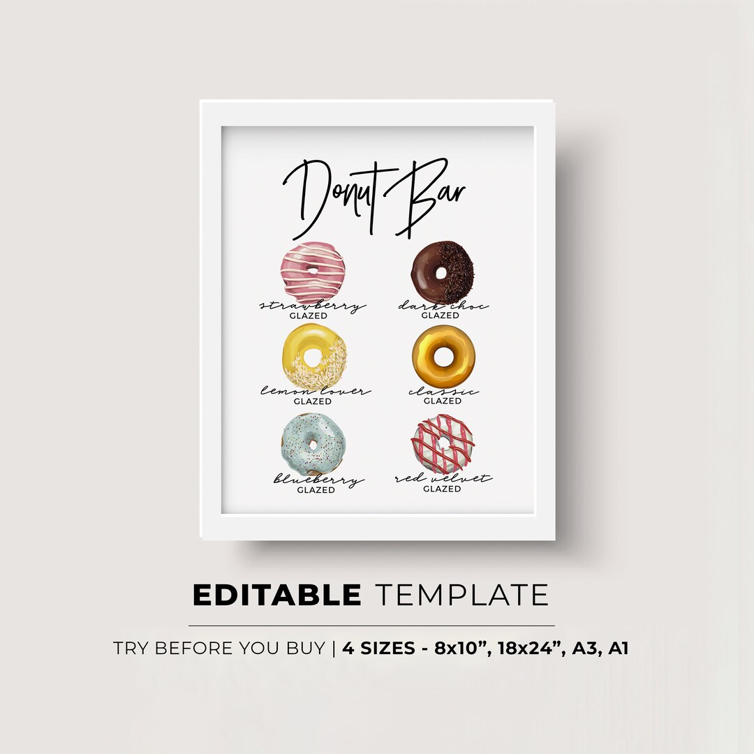 Juliette Minimalist Donut Bar Sign Template - Pick From 88+ Watercolor ...