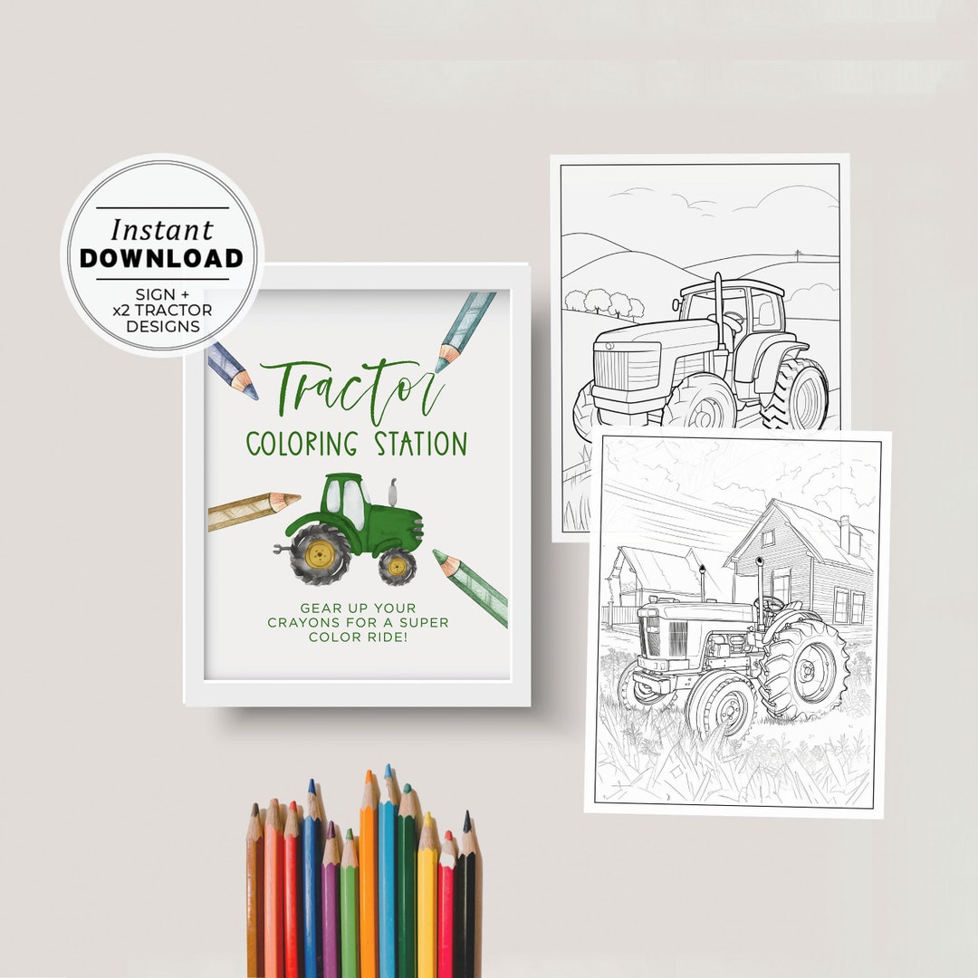 Green Tractor Coloring Station Bundle Includes 2 Tractor Coloring Pages ...
