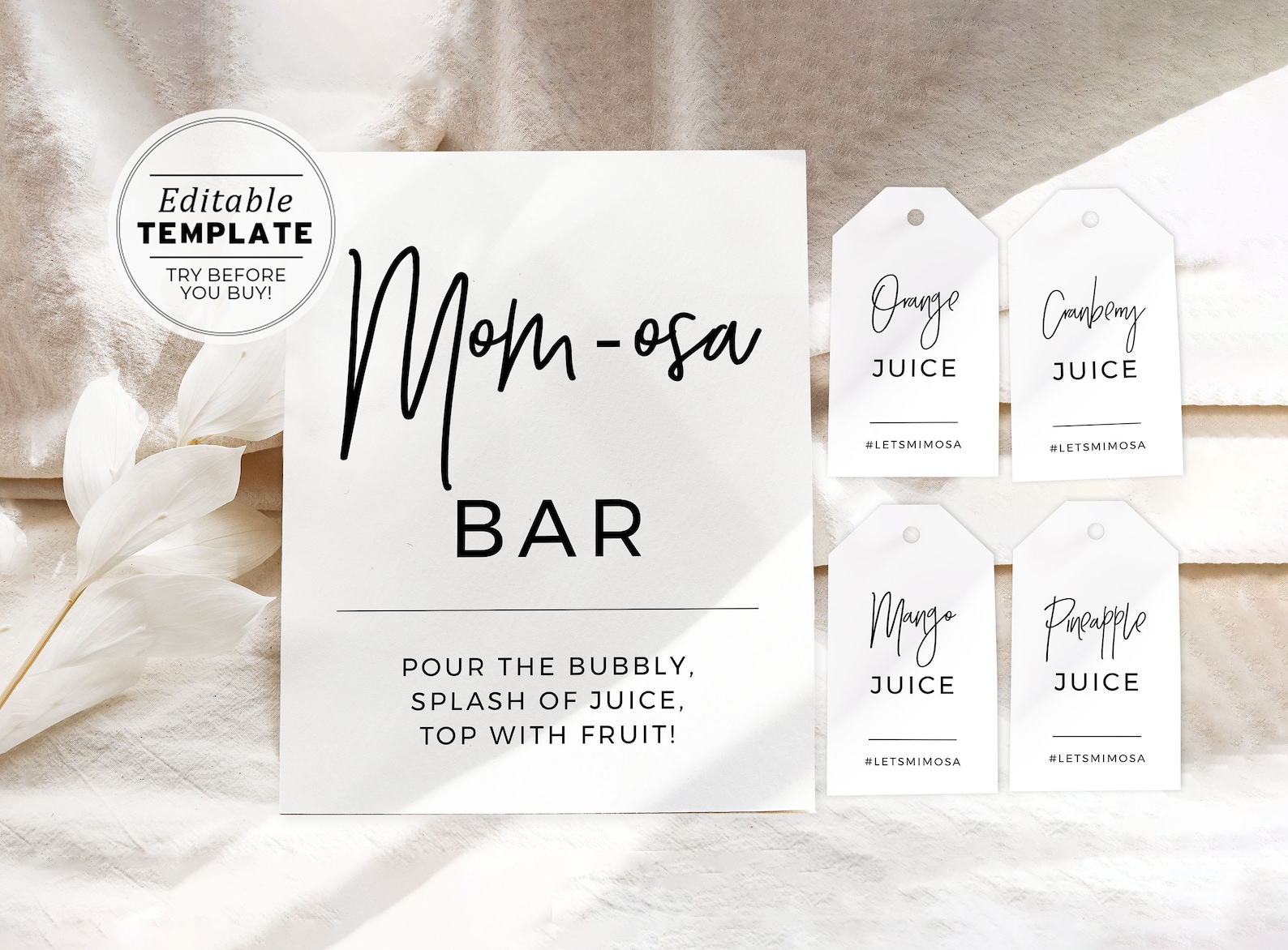 Juliette Minimalist 'mom-osa Bar' Sign and Tag Templates, Baby Shower ...