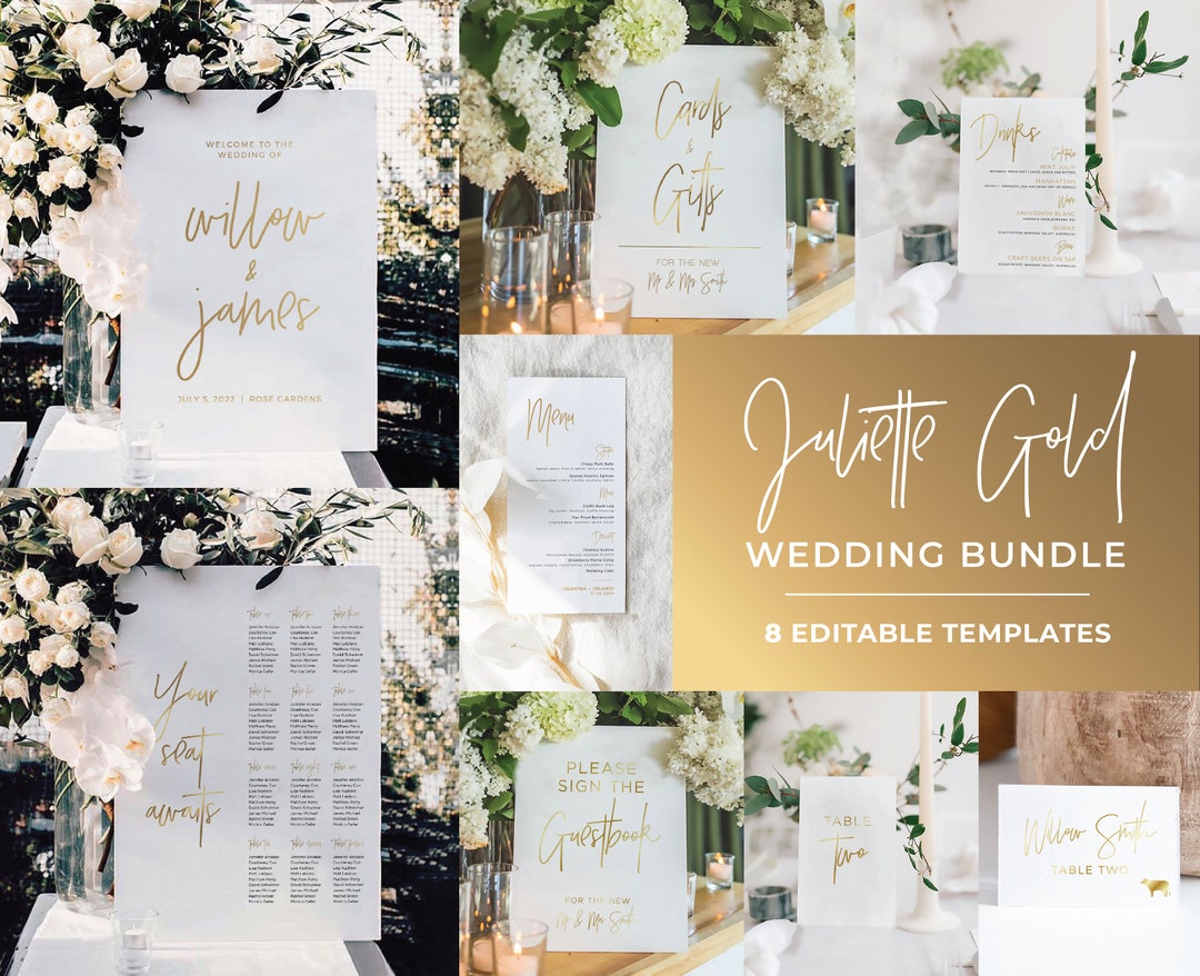 Juliette Gold Minimalist Wedding Signs Bundle, Editable Wedding ...