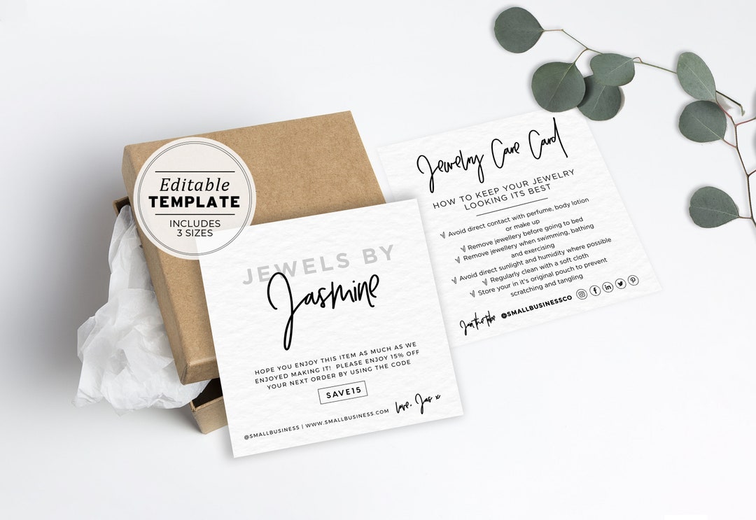 Square Jewelry Box Insert Care Card, Jewellery Box Insert 3 Sizes - 2 ...