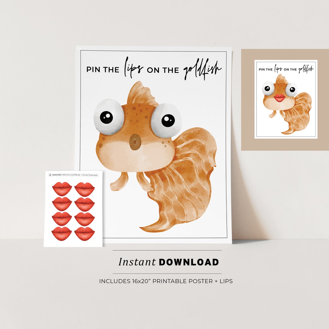 Cute Goldfish Party Game, Pin the Lips on the Goldfish Printable Poster ...