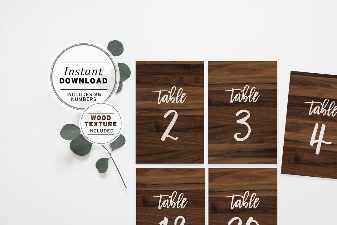 Wood Textured Wedding Table Numbers Sign, Printable Rustic Table ...
