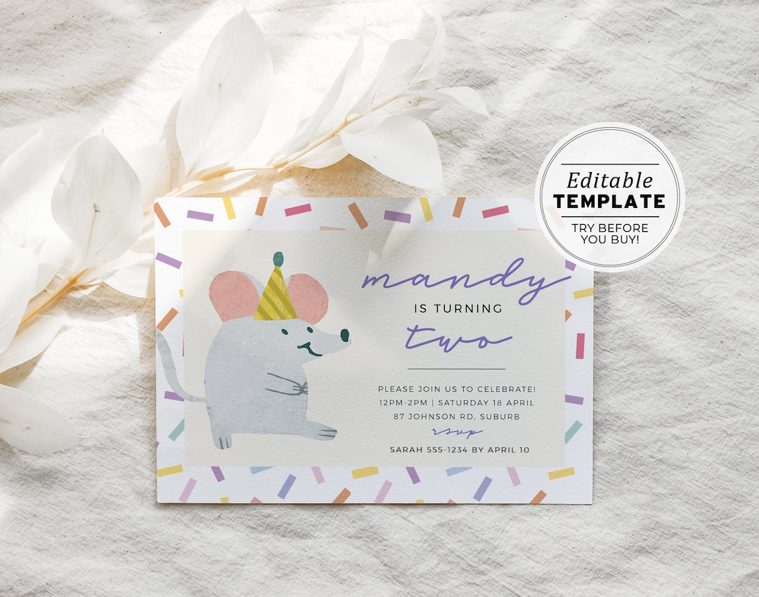 Mandy the Mouse Birthday Party Birthday Invitation Template | EDITABLE ...