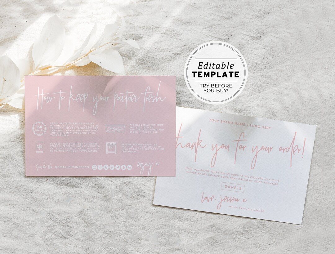 Pastries Care Card and Thank You Card, Thank You Package Insert ...